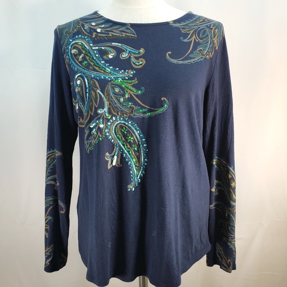 Chico's | Tops | Chicos Long Sleeve Shirt Navy Paisley Sequins 6 | Poshmark